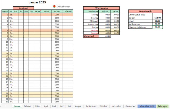 Excel Arbeitszeitnachweis 2023 mit Soll, Ist, Saldo und Feiertage - office-lernen | ablefy